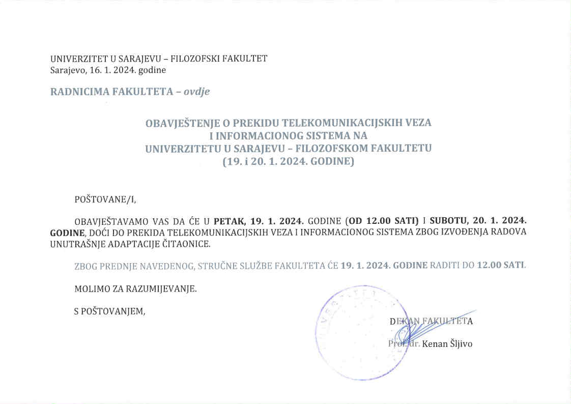 Obavještenje o prekidu telekomumnikacijskih veza i informacionog sistema na Univerzitetu u ...